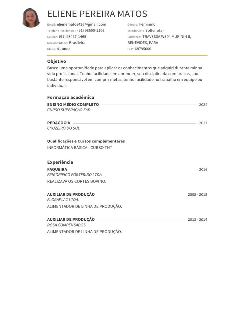 Currículo de Eliene Pereira Matos | PDF
