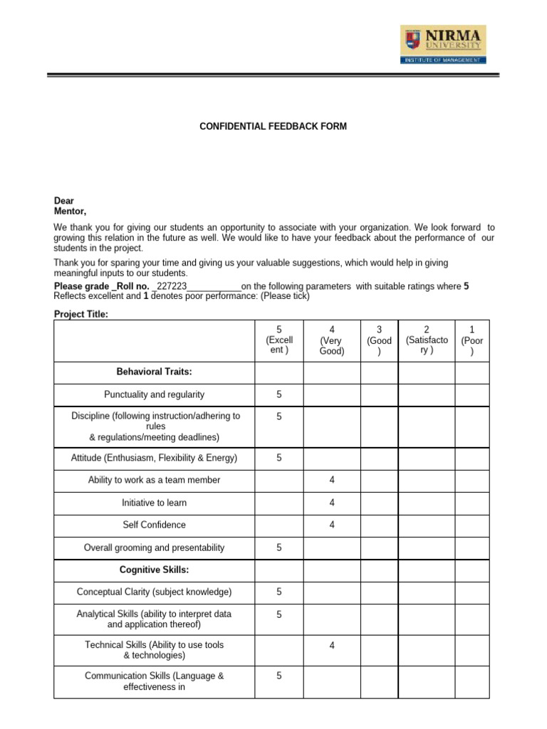 Organisation Mentor Feedback Form 2025 BBA-MBA | PDF