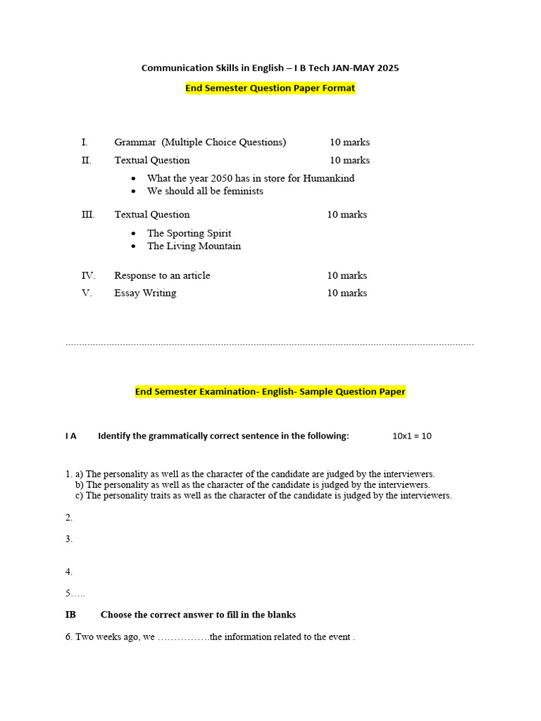 End Sem QP Format and Sample QP - Communication Skills in English - JAN-MAY | PDF | Privacy ...