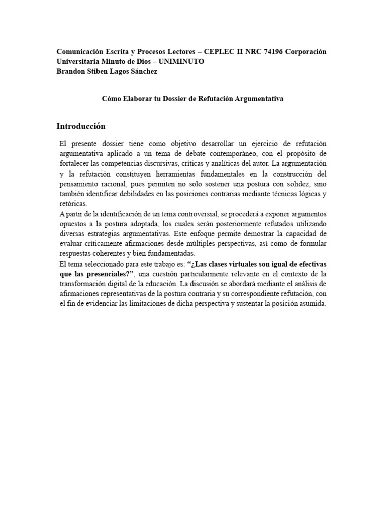 Refutación Argumentativa: Clases Virtuales vs Presenciales | PDF ...