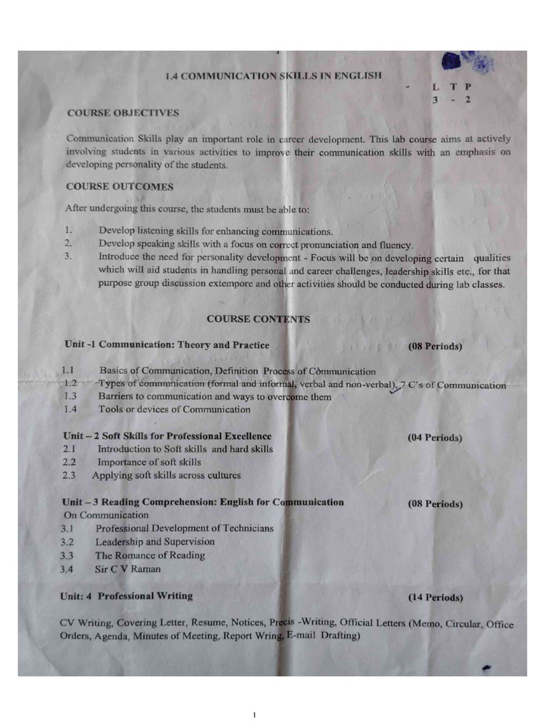 Communication Skills in English Syllabus | PDF