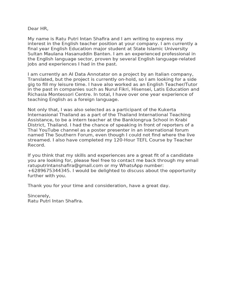 Cover Letter Esl Teacher | PDF