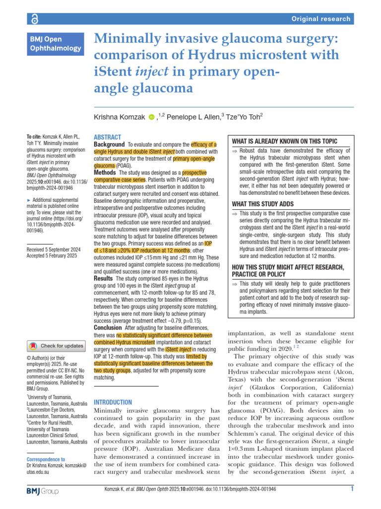 Minimally Invasive Glaucoma Surgery Comparison of Hydrus Microstent ...