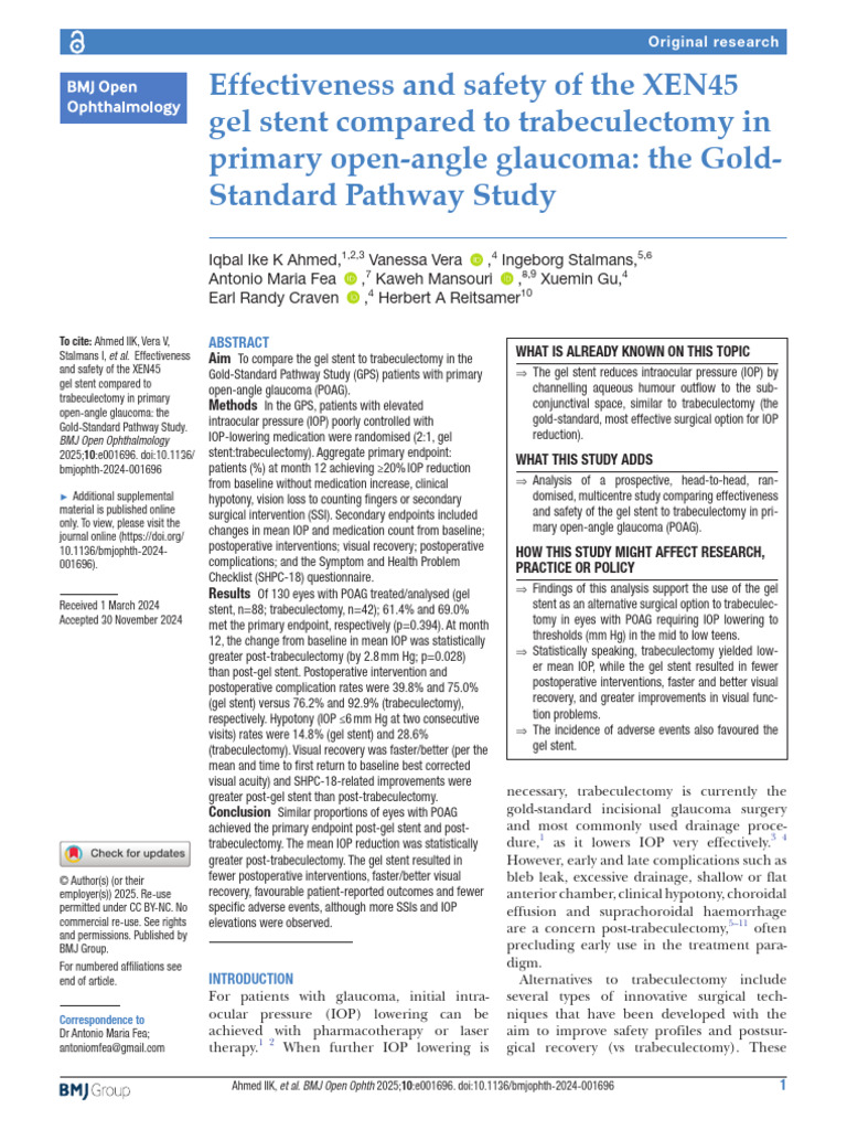 Gel Stent vs Trabeculectomy in POAG | PDF | Glaucoma | Clinical Medicine