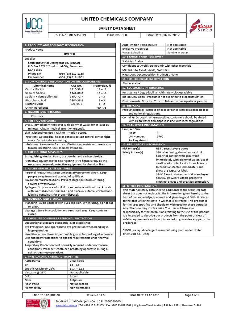Ovenex Oven Cleaner Safety Data Sheet | PDF | Materials | Chemical ...