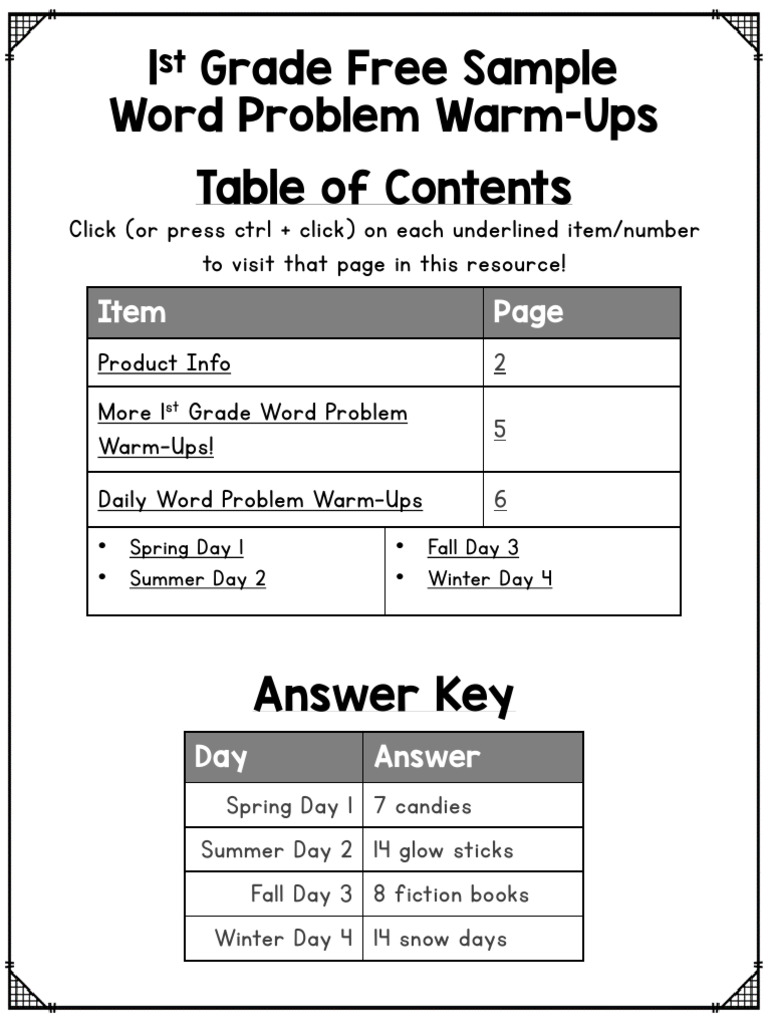1 Grade Free Sample Word Problem Warm-Ups | PDF