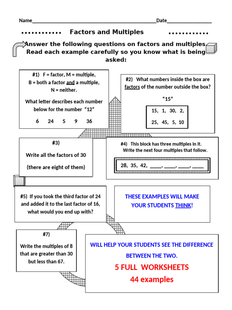 5 Full Worksheets 44 Examples: Factors and Multiples | PDF