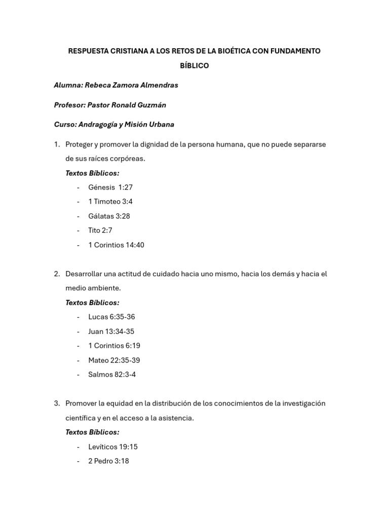 Respuestas Biblicas A Los Principios de Bioetica - Rebeca Zamora | PDF