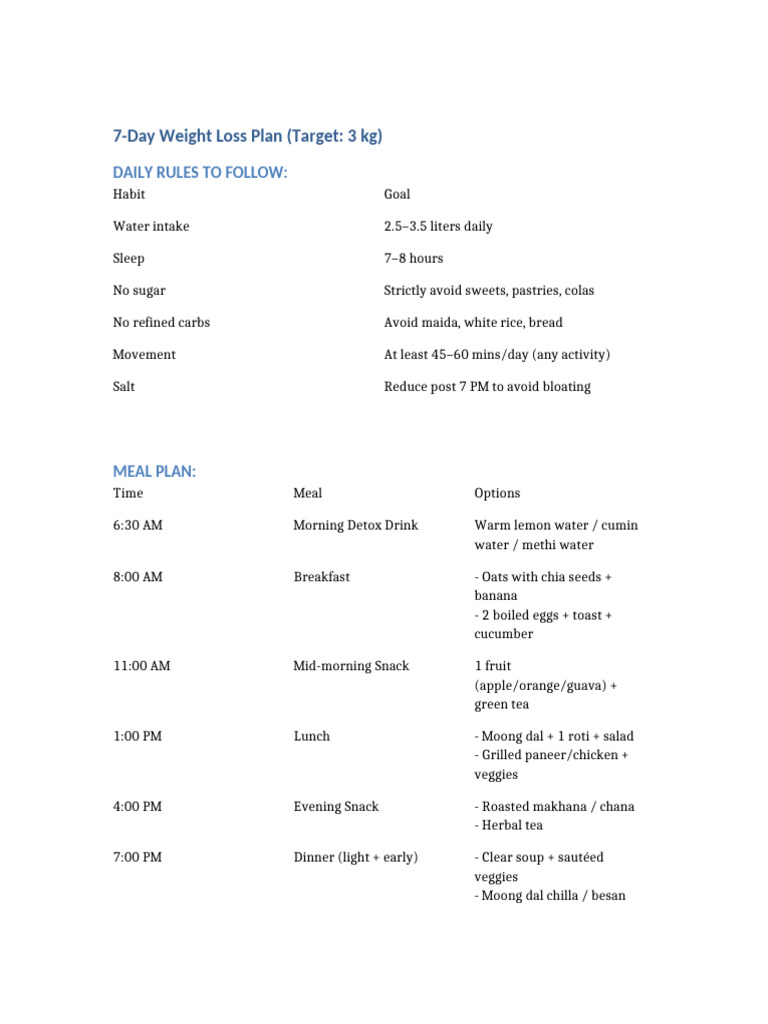 7-Day 3kg Weight Loss Plan | PDF | Meal | Foods