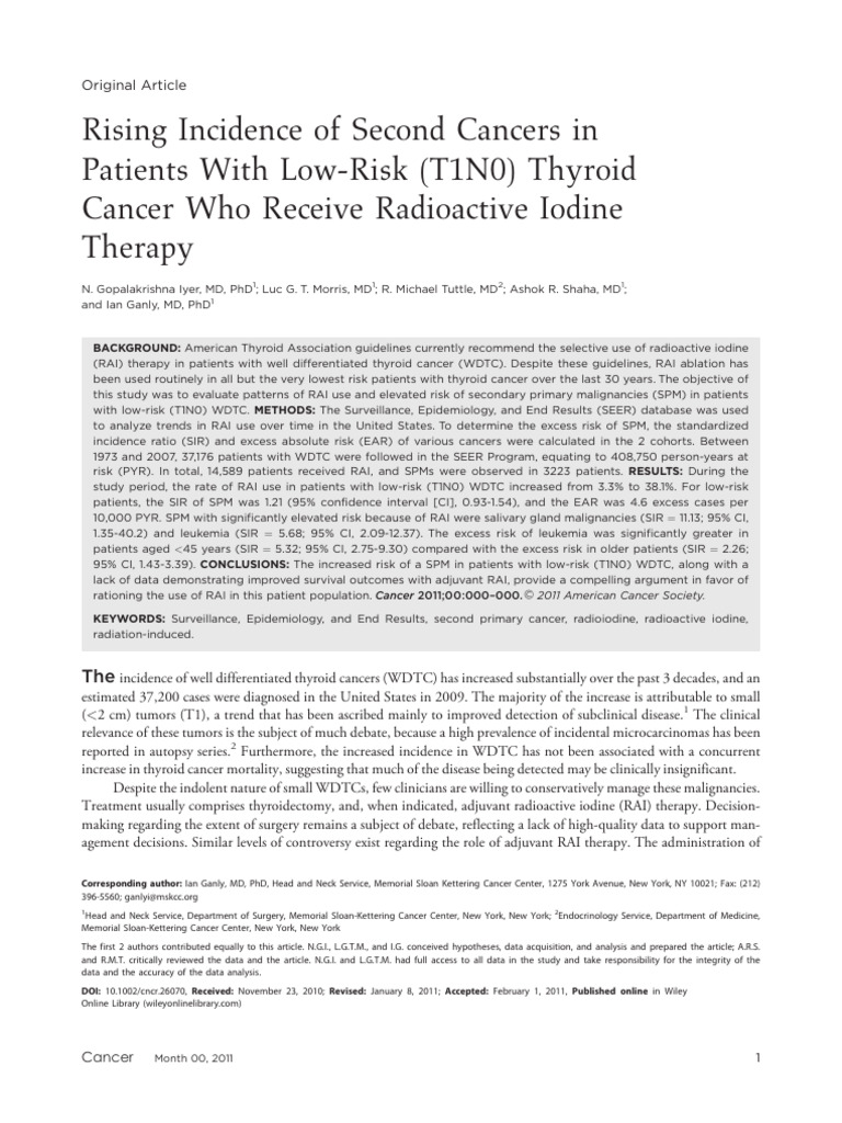 Risk of Secondary Malignancies in Low Risk Patients Treated With RAI ...