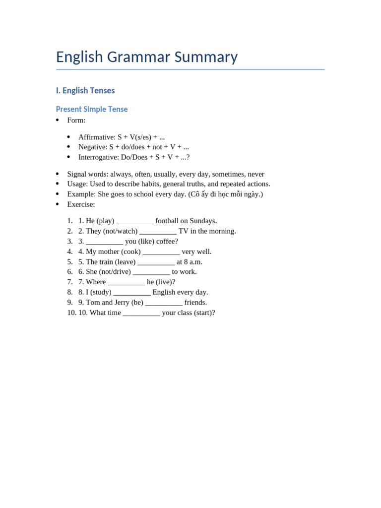 English Tenses Overview and Exercises | PDF