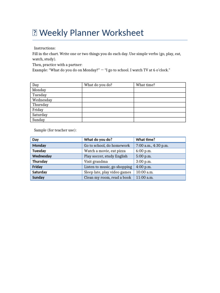Weekly Planner Worksheet Miss Maria | PDF