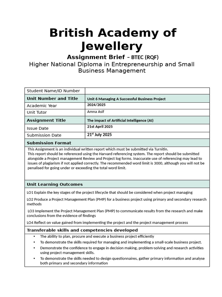 Managing A Suuccesful Business Project Assignment Brief | PDF ...