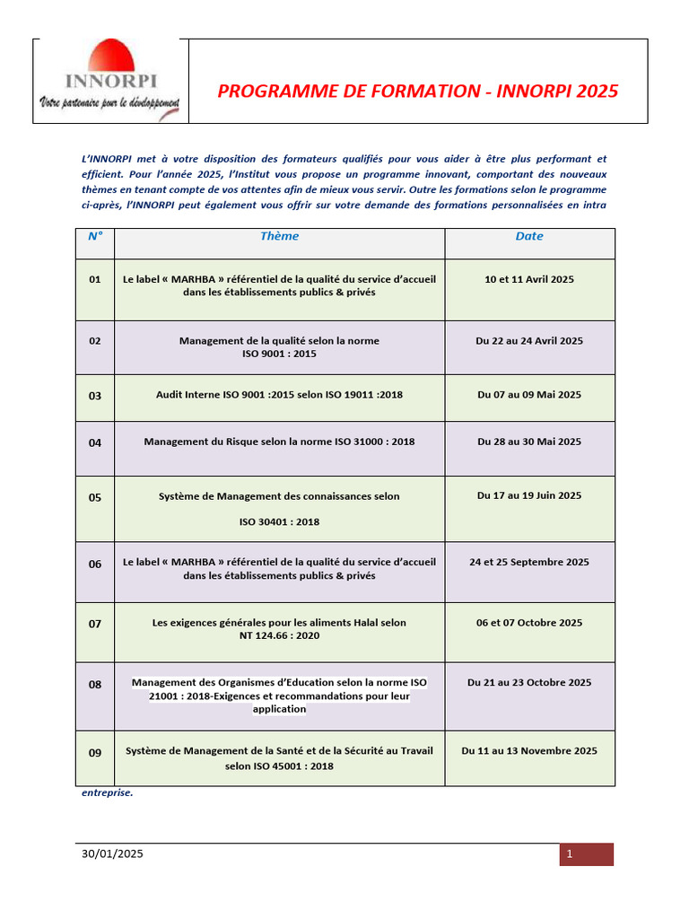 Formations INNORPI 2025 : Qualité et ISO | PDF | Business