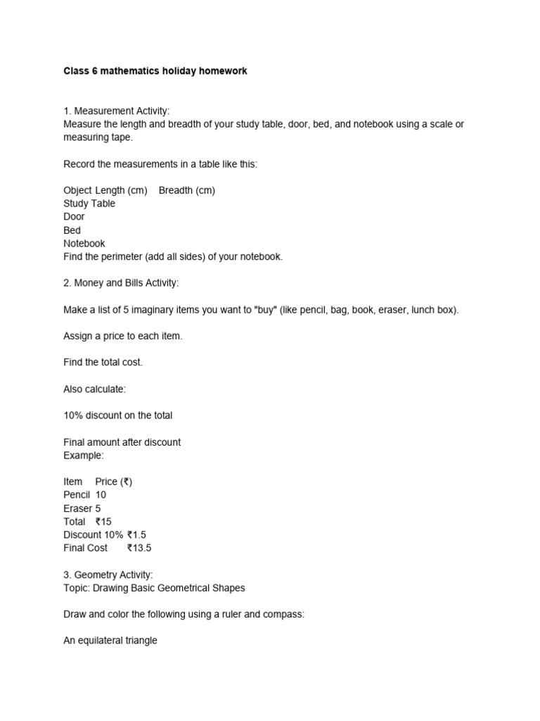 Maths Holiday Homework | PDF