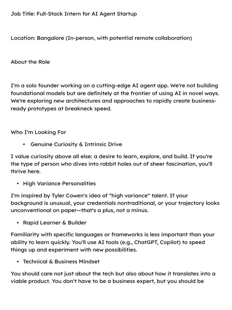 Job Title Full-Stack Intern For AI Agent Startup | PDF | Artificial Intelligence | Intelligence ...