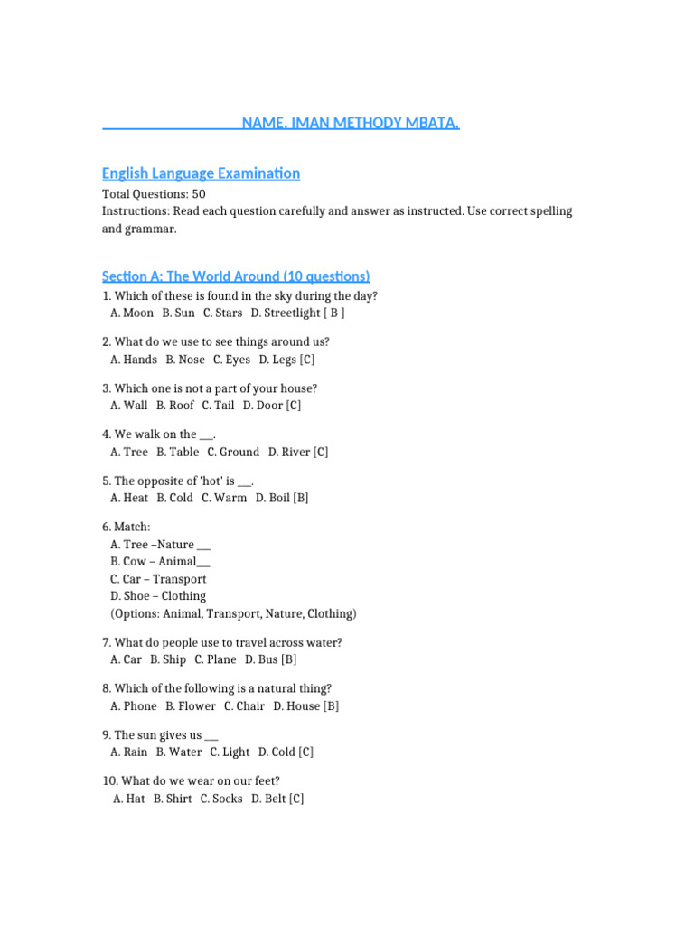 English Language Examination | PDF | Verb | Adverb