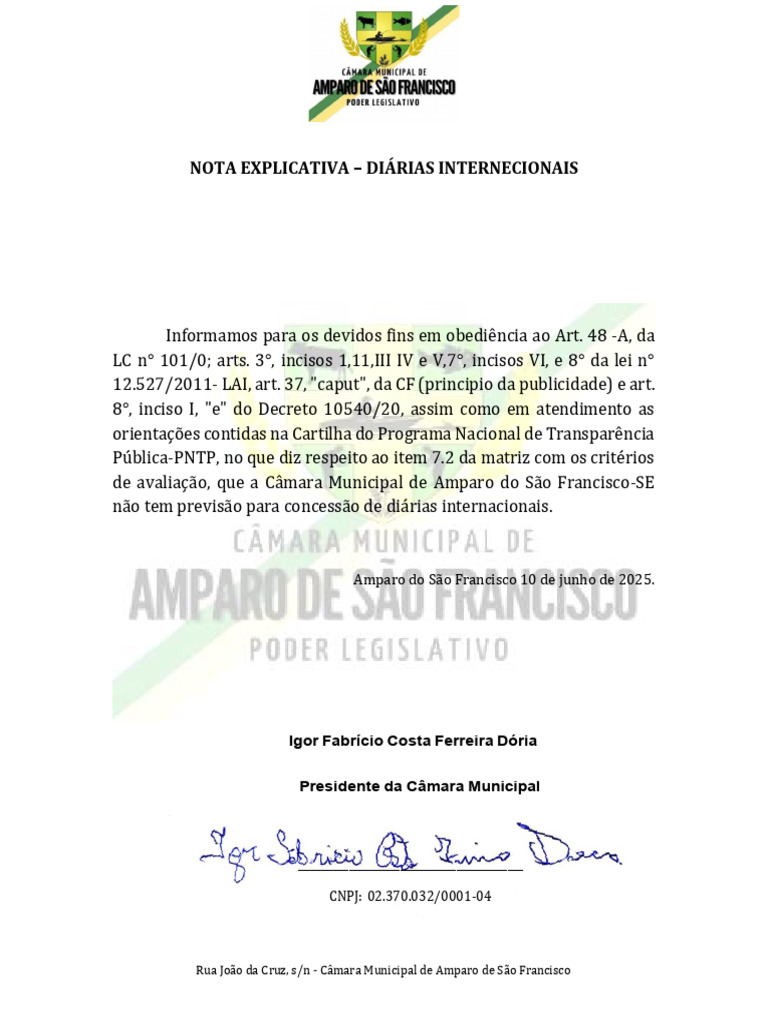Nota Explicativa - Diárias Internecionais | PDF