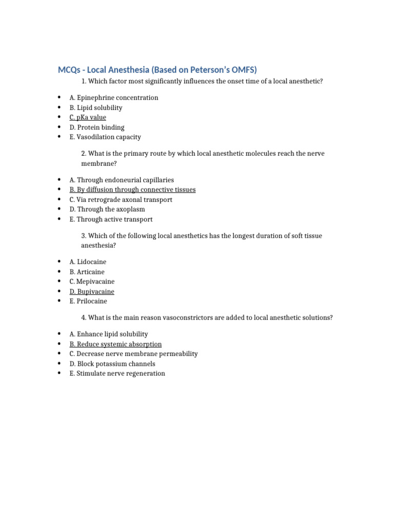 Local Anesthesia MCQs Peterson | PDF