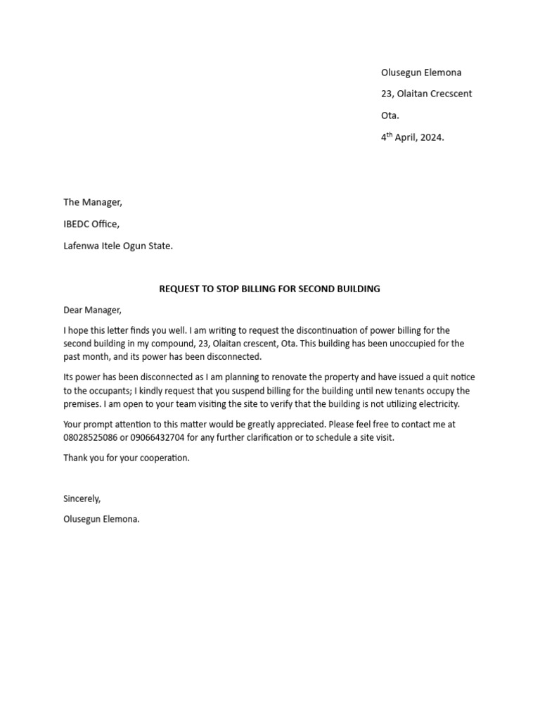 Request to Stop Electricity Billing | PDF