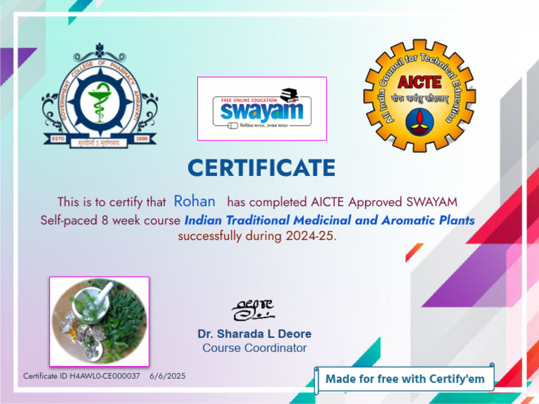 Certificate For Rohan For SWAYAM Self-Paced Course Ce... | PDF