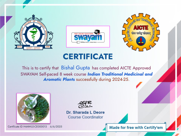 Certificate For Bishal Gupta For - SWAYAM Self-Paced Course Ce... | PDF