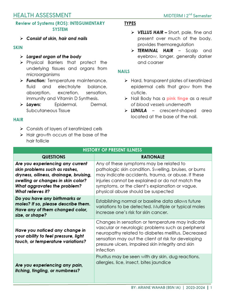 Health Assessment - Integumentary Checklist | PDF | Integumentary ...