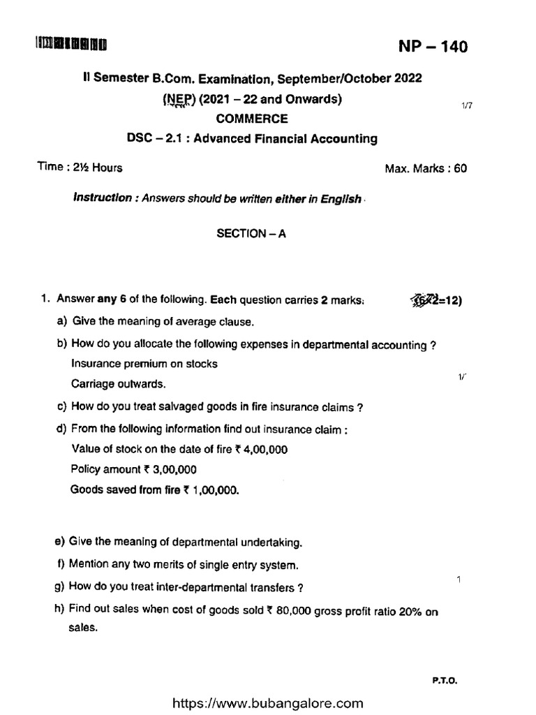 Bcom 2 Sem Commerce Advanced Financial Accounting NP 140 Oct 2022 | PDF