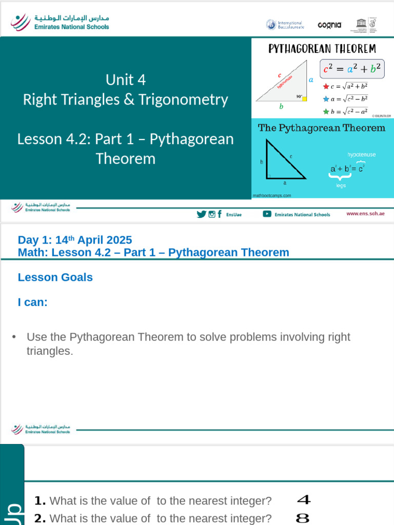 Unit 4 Right Triangles & Trigonometry Lesson 4.2: Part 1 - Pythagorean Theorem | PDF | Triangle ...