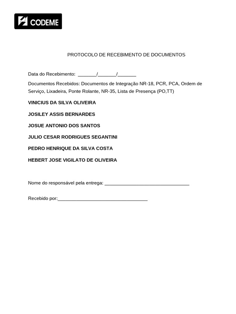 Protocolo de Recebimento de Documentos | PDF