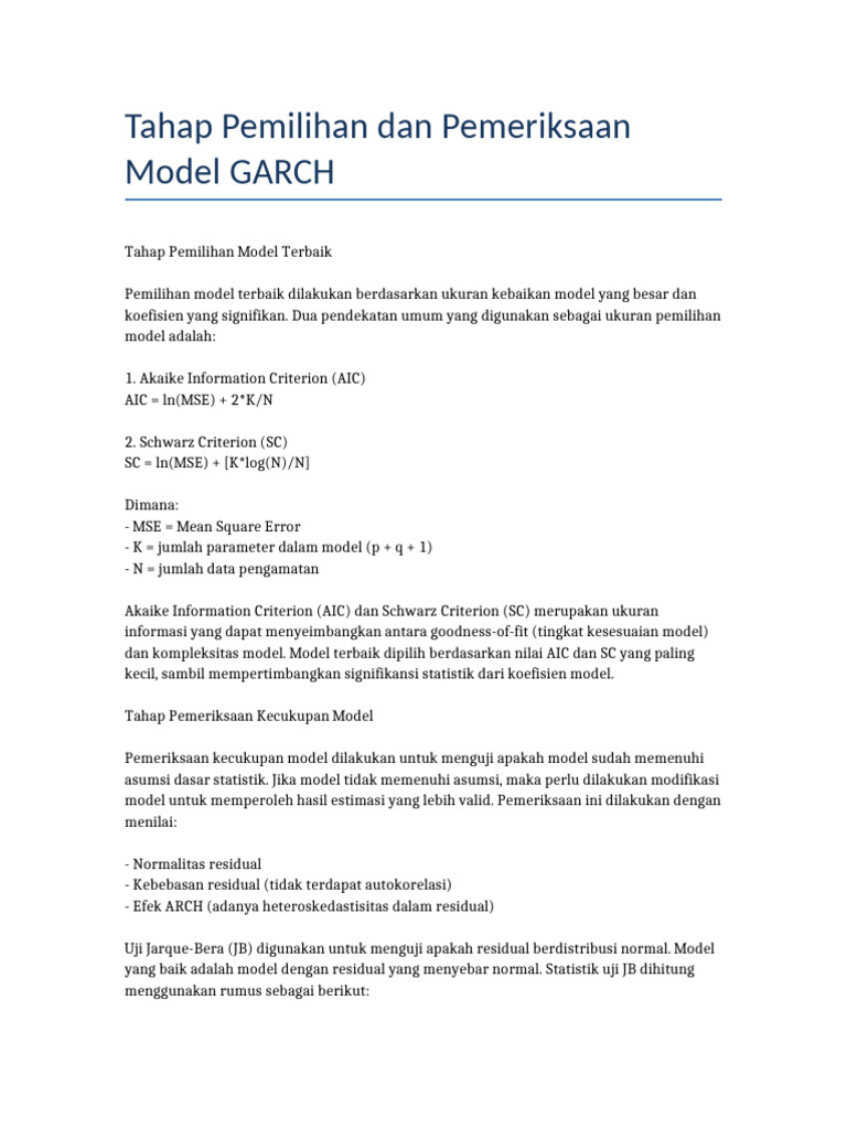 Tahap Pemilihan Dan Pemeriksaan Model GARCH | PDF