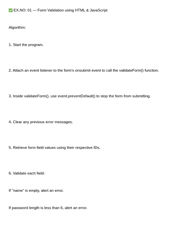 EX - NO 01 - Form Validation Using HTML & JavaScript - 20250612 - 053945 - 0000 | PDF | Java ...