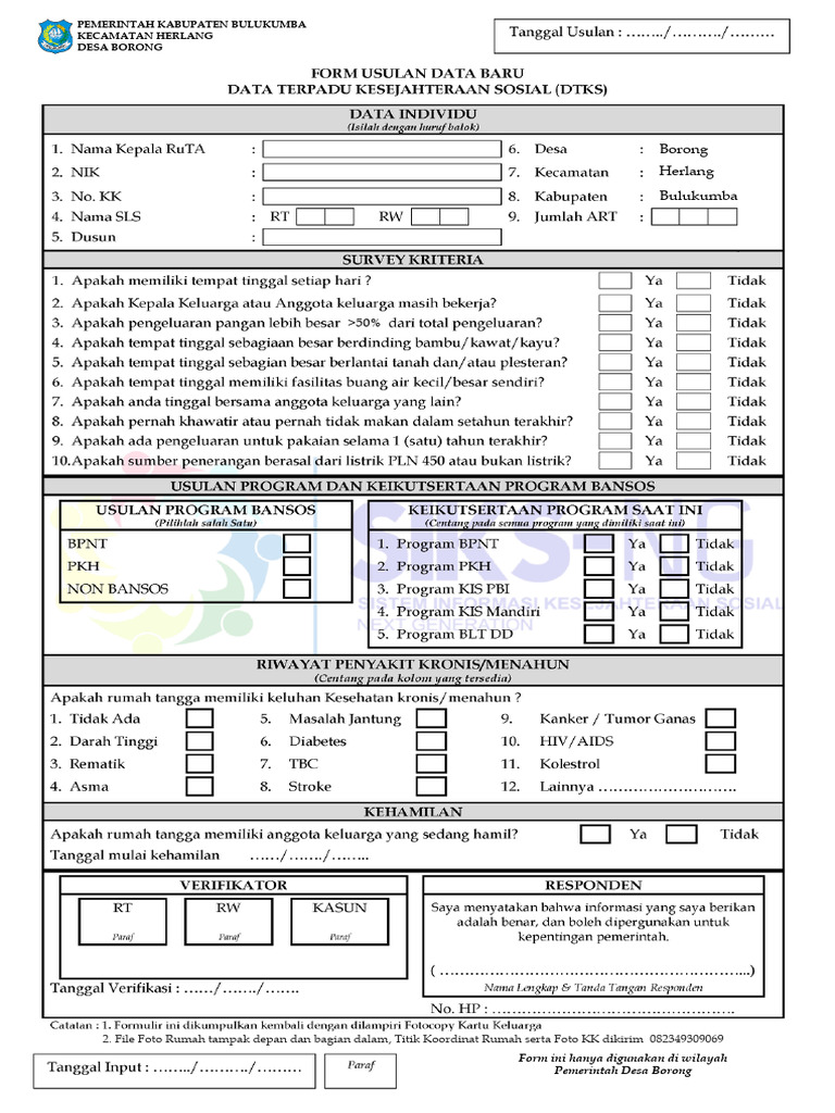 Form Usulan Data Baru DTKS 2024 | PDF