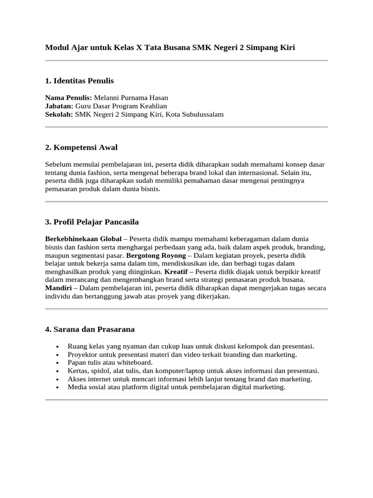 Modul Ajar Untuk Kelas X Tata Busana SMK Negeri 2 Simpang Kiri | PDF