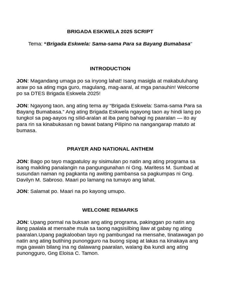 Brigada Eskwela 2025 Script | PDF