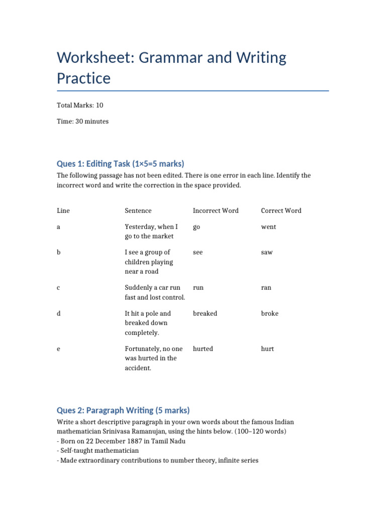 Grammar and Writing Practice Worksheet | PDF
