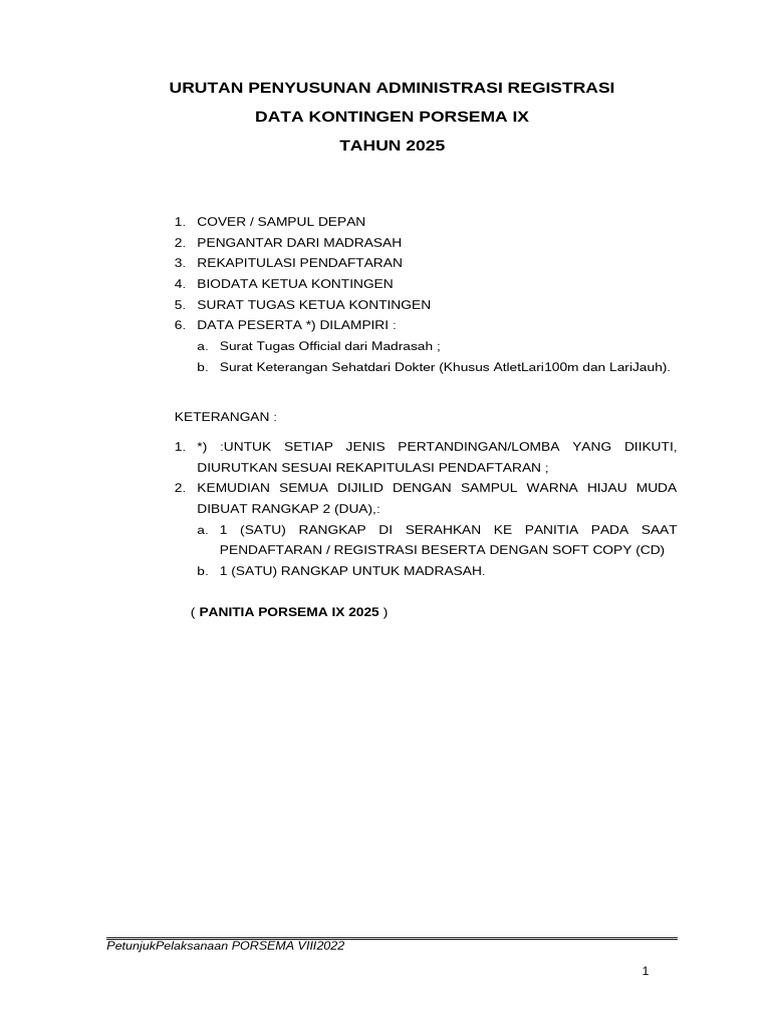 Urutan Penyusunan Pendaftaran PORSEMA IX 2025 | PDF