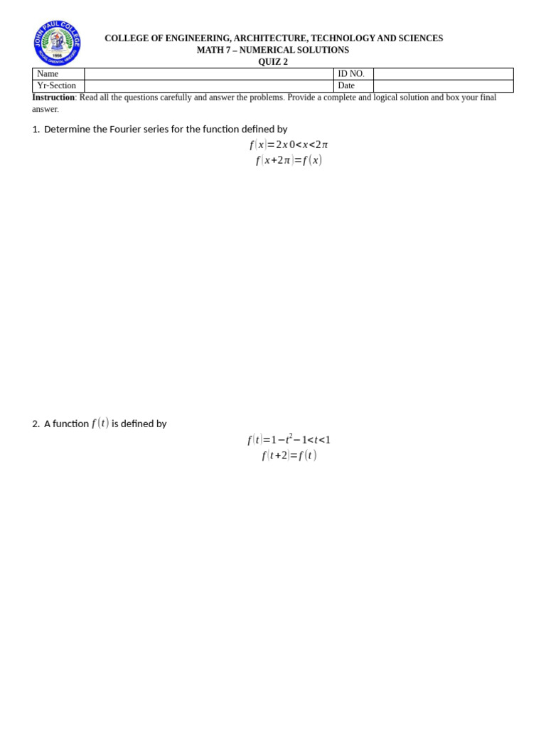 Math 7 Quiz: Fourier Series Solutions | PDF