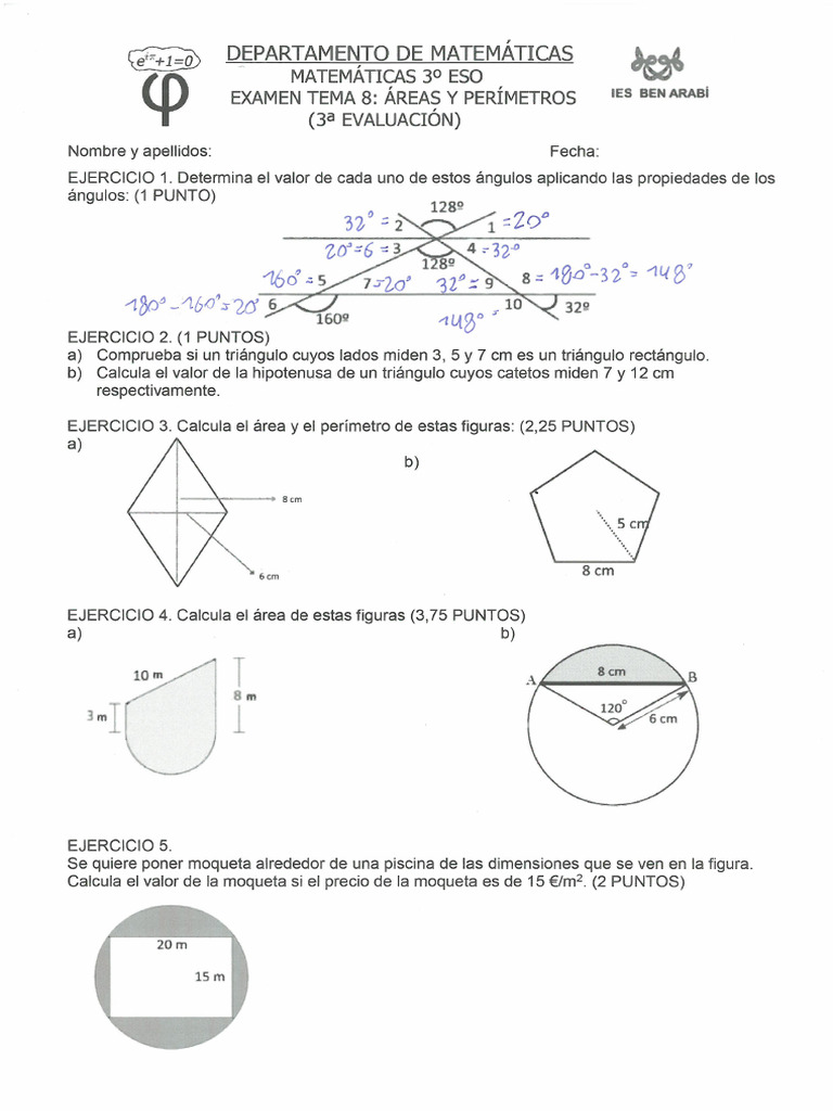 Modelo Examen 3ºg Tema 8. Áreas y Perímetros (Resuelto) | PDF