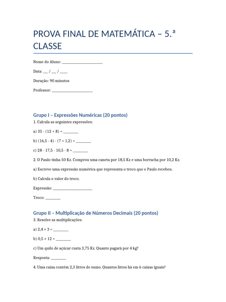 Prova Final Matematica 5a Classe | PDF