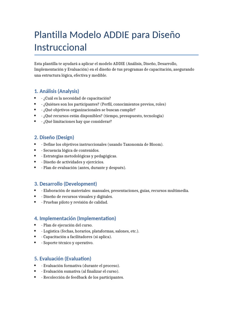 Plantilla Modelo ADDIE | PDF