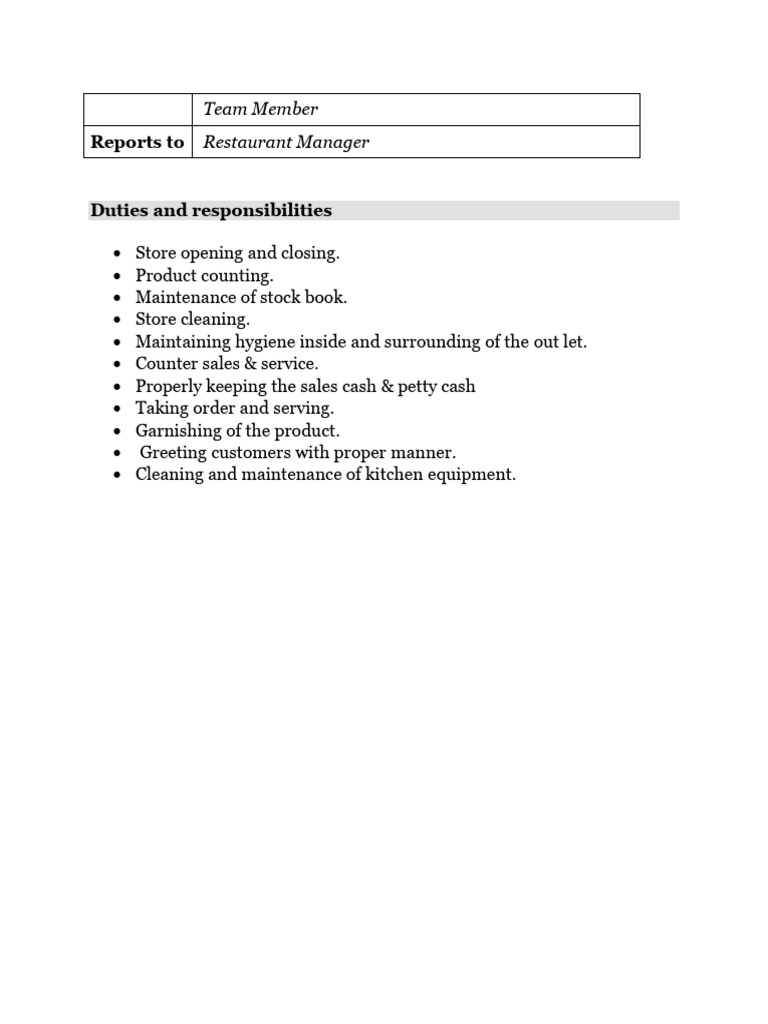 Restaurant Team Member Job Description | PDF