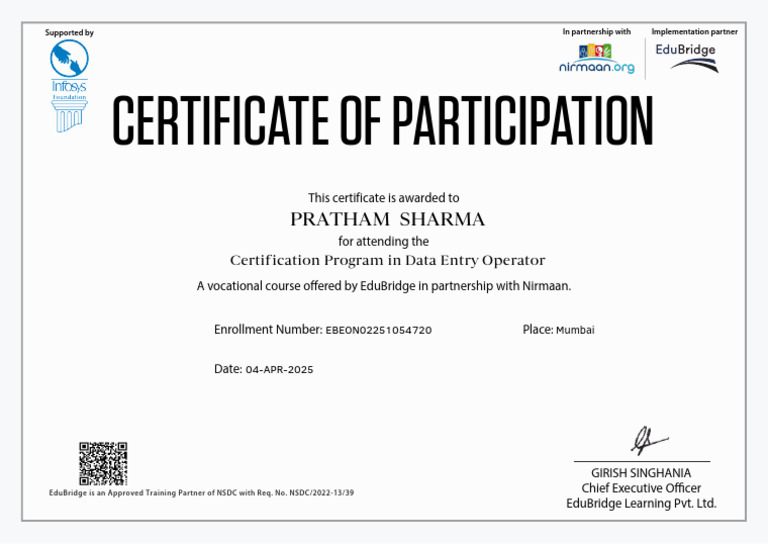 Pratham Certificate | PDF