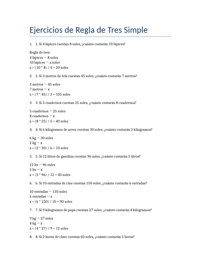 Ejercicios de Regla de Tres Simple | PDF
