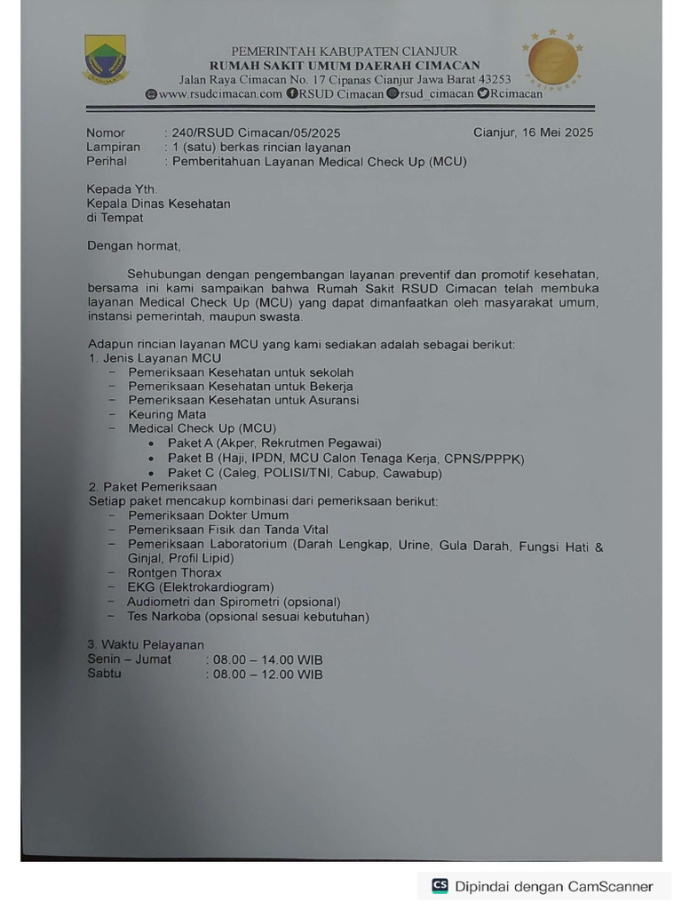 Surat Pemberitahuan Layanan Mcu | PDF