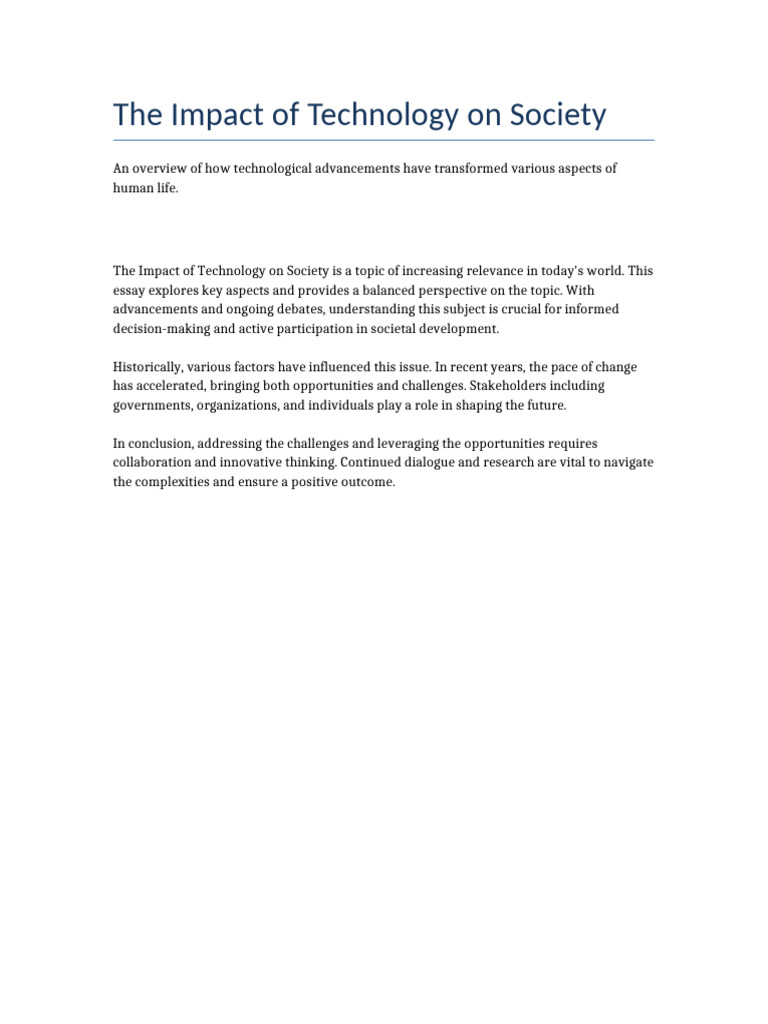 Essay 1 The Impact of Technology On Society | PDF