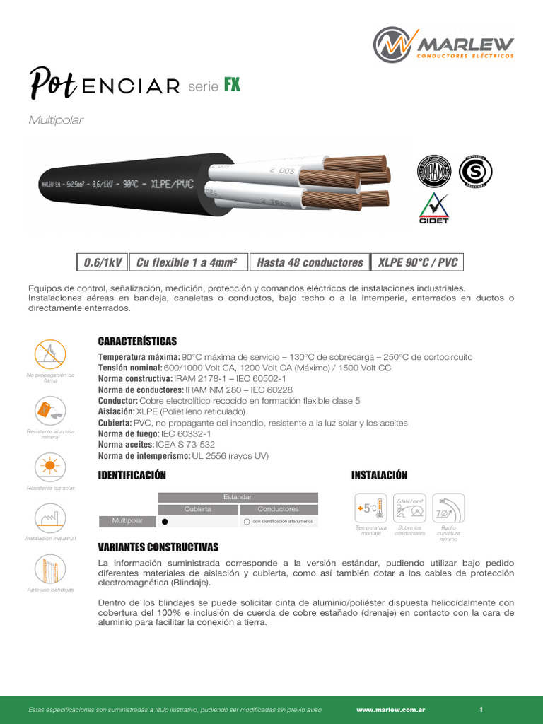 Cables Multipolares FX 0.6/1kV Especificaciones | PDF | Conductor ...