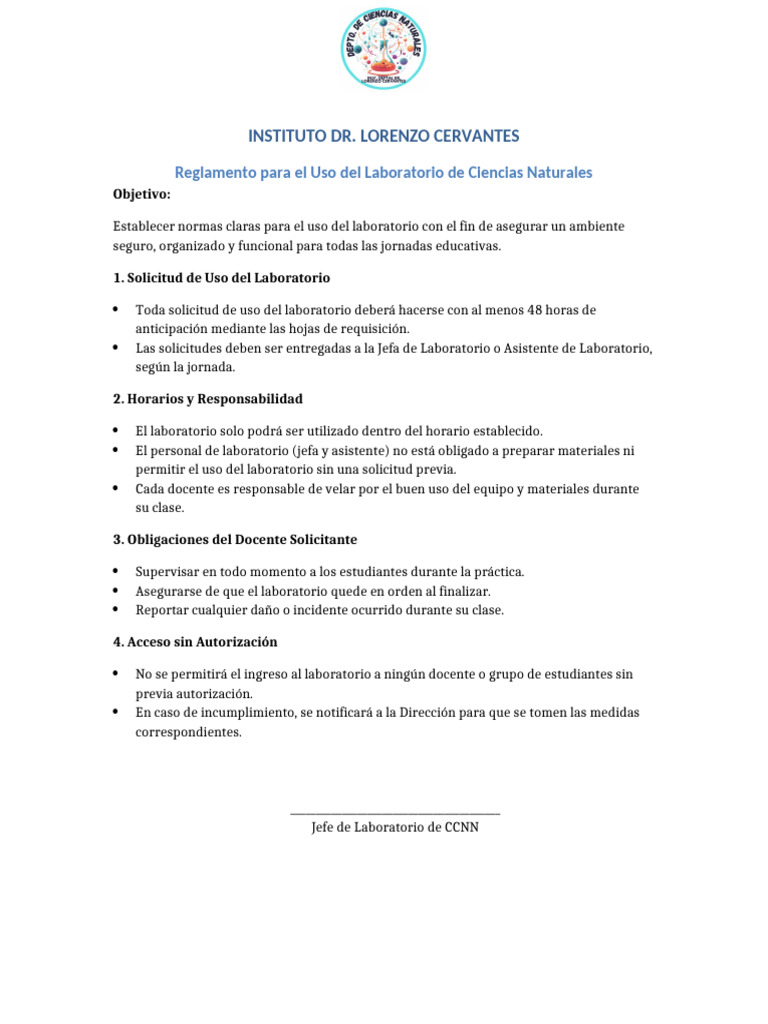 Reglamento Laboratorio Ciencias Naturales | PDF