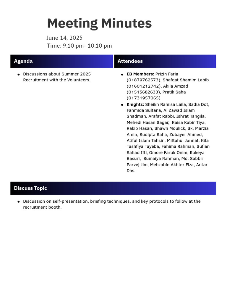 Meeting Minutes of Summer Recruintment | PDF