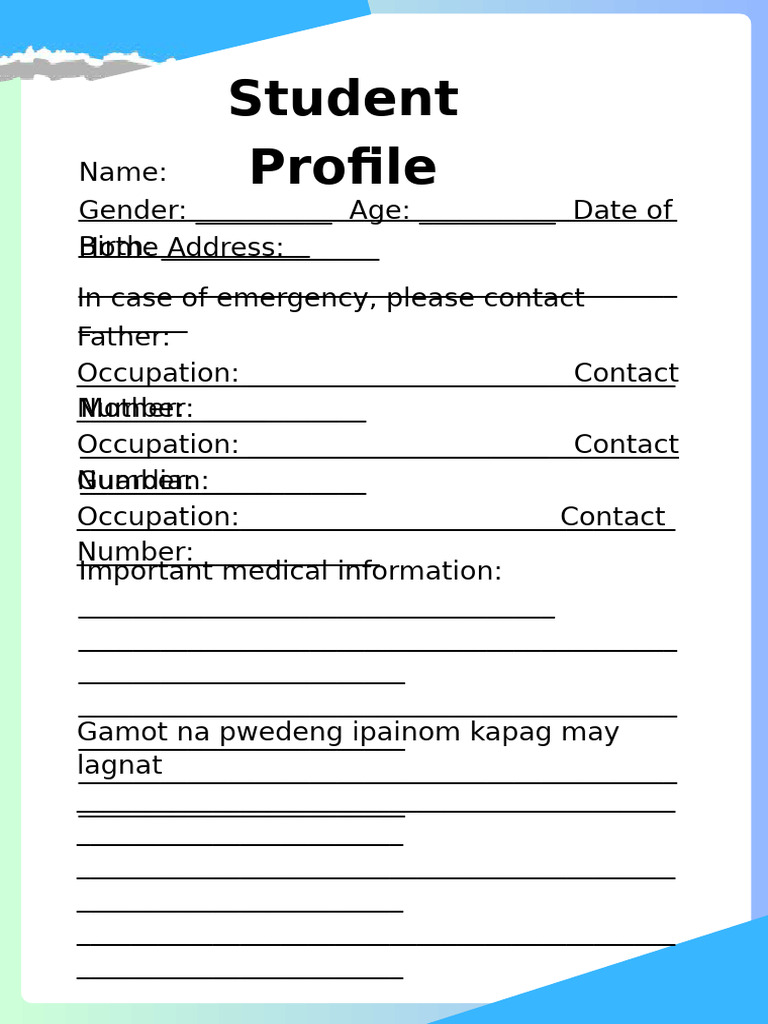 Blue Student Profile A4 Document | PDF